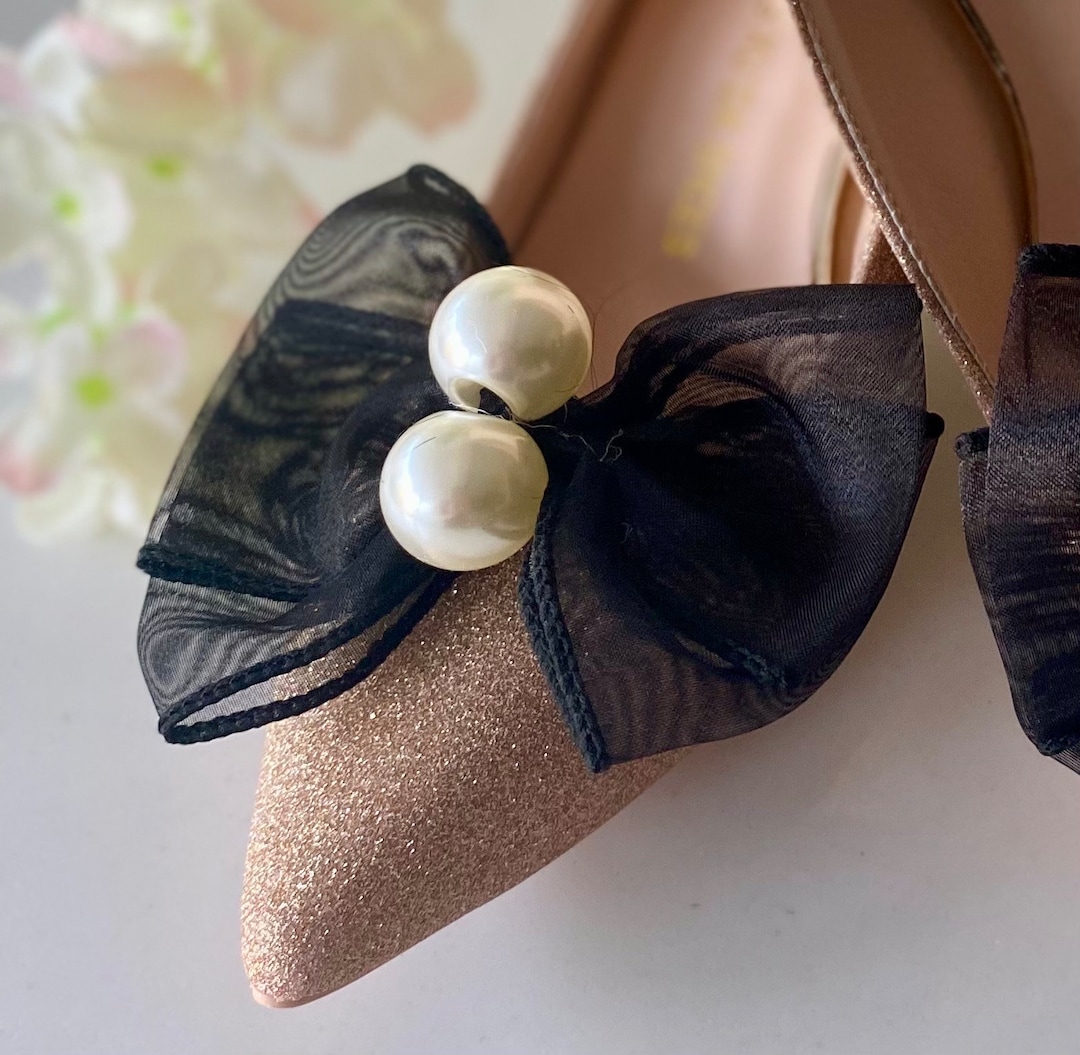 Statement Black Chiffon Bow Shoe Clips With Pearls - Etsy
