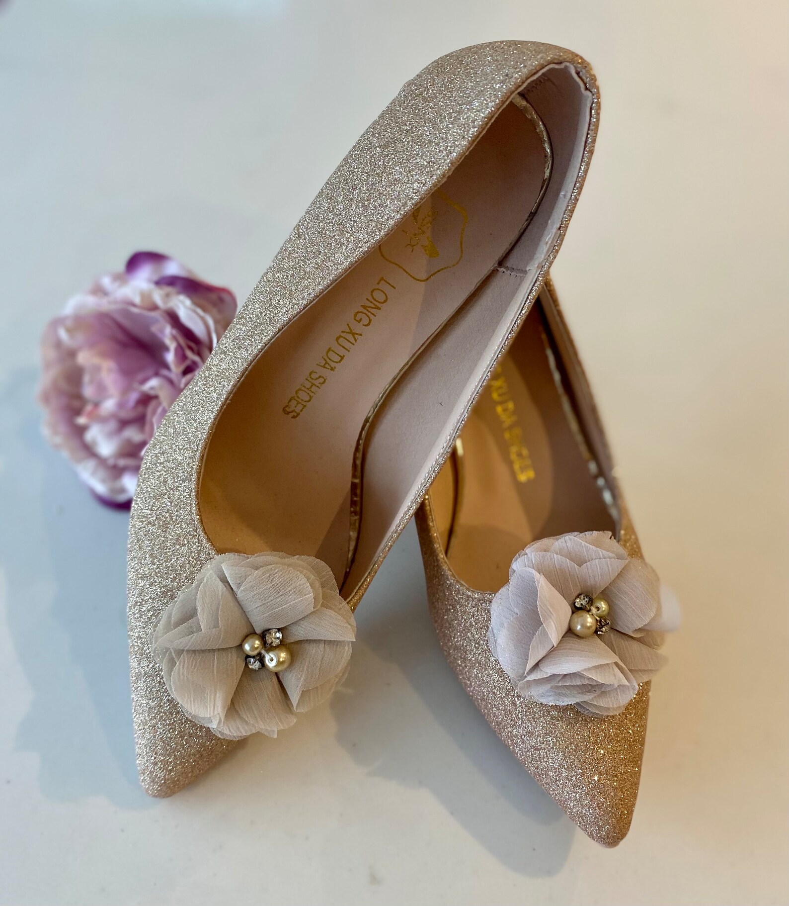 Calista Taupe / Beige Flower Shoe Clips With Centre Peals and Crystals ...