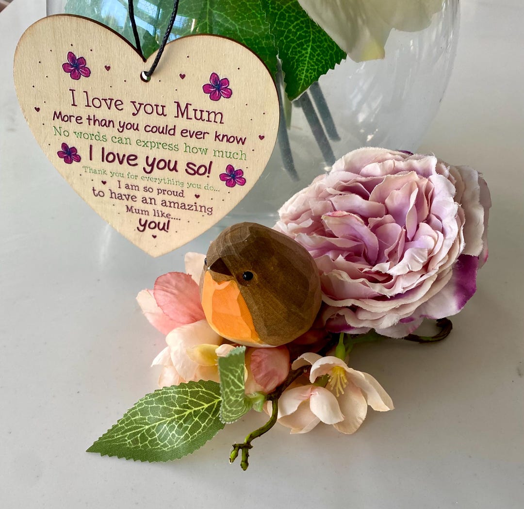 Beautiful Wooden Mum Heart With Poem & Hand Carved Painted Robin ...
