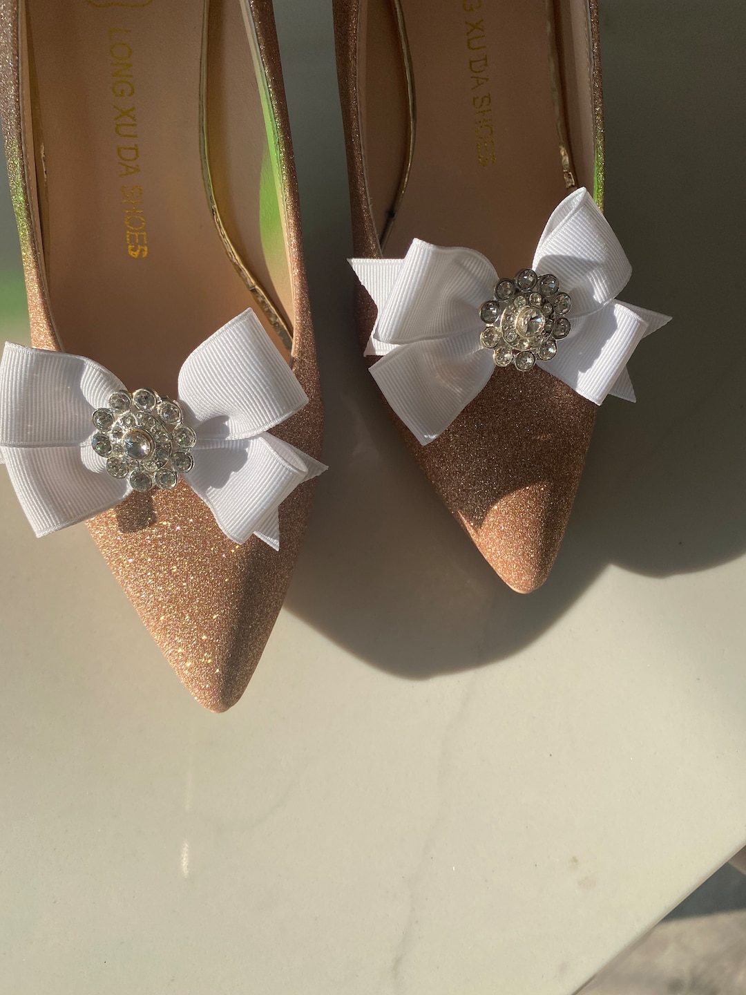 White Bow and Crystal Shoe Clips - Etsy