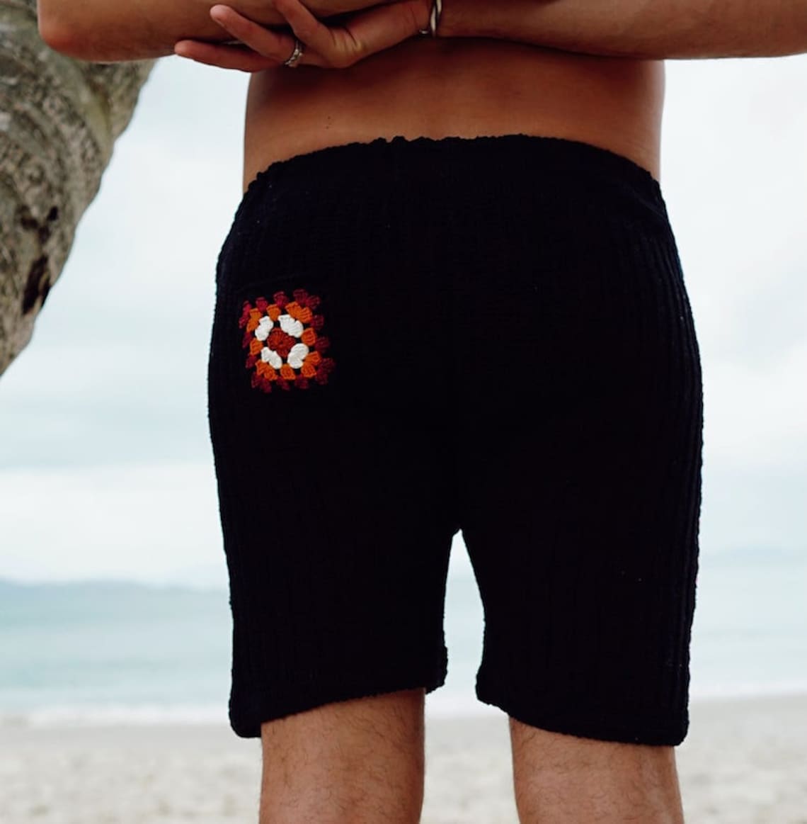 Granny Squares Multicolor Knit Men's Short, Holey Knitted Beach Shorts ...