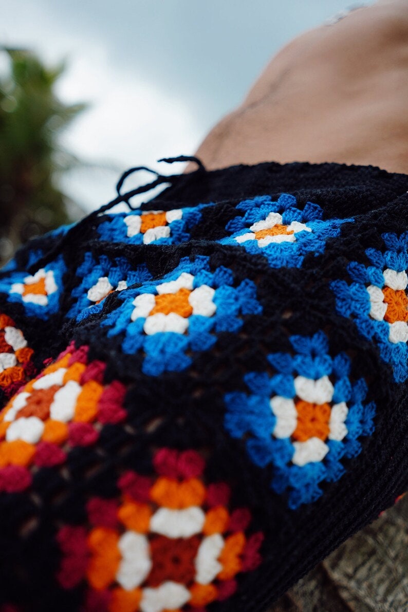 Granny Squares Multicolor Knit Men's Short, Holey Knitted Beach Shorts ...