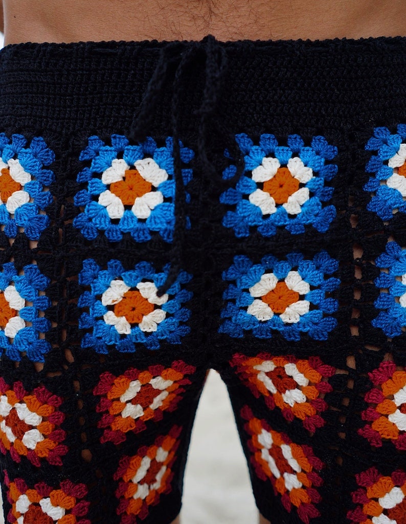 Granny Squares Multicolor Knit Men's Short, Holey Knitted Beach Shorts ...