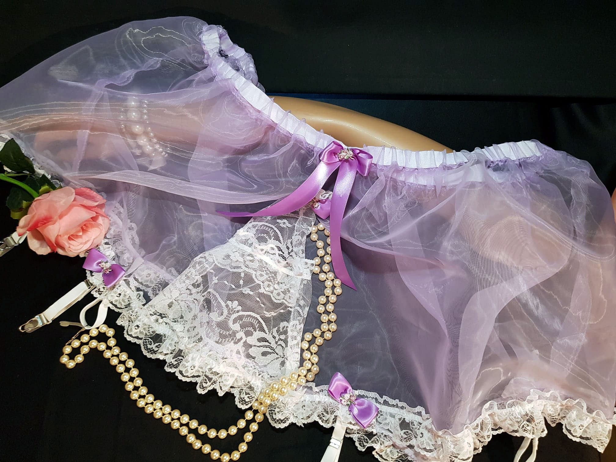 Sissy Bridal Sheer Nylon 6 Strap Suspender Belt Frilly Lace White Bows