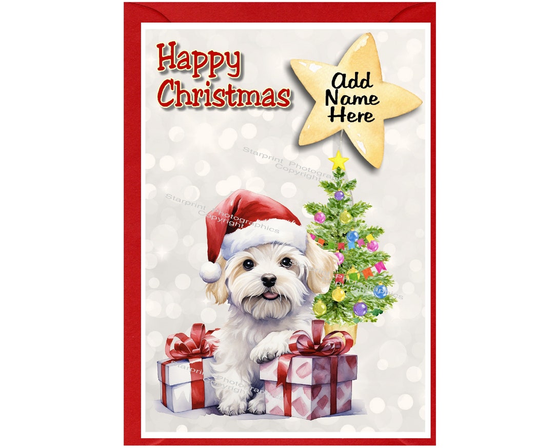 Personalised Maltese Dog Christmas Card (6" X 4") Blank Inside - With ...