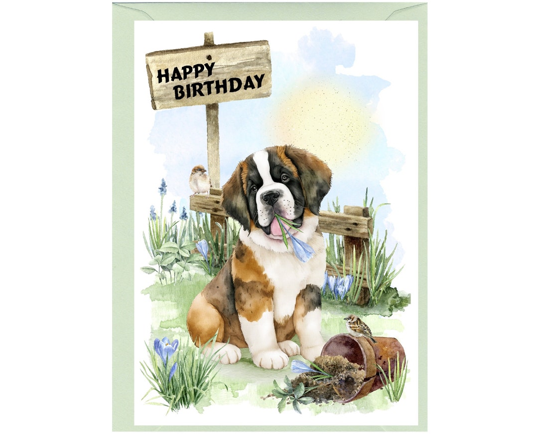 Saint Bernard Dog "happy Birthday" Card (6"x 4") With Envelope. Blank ...