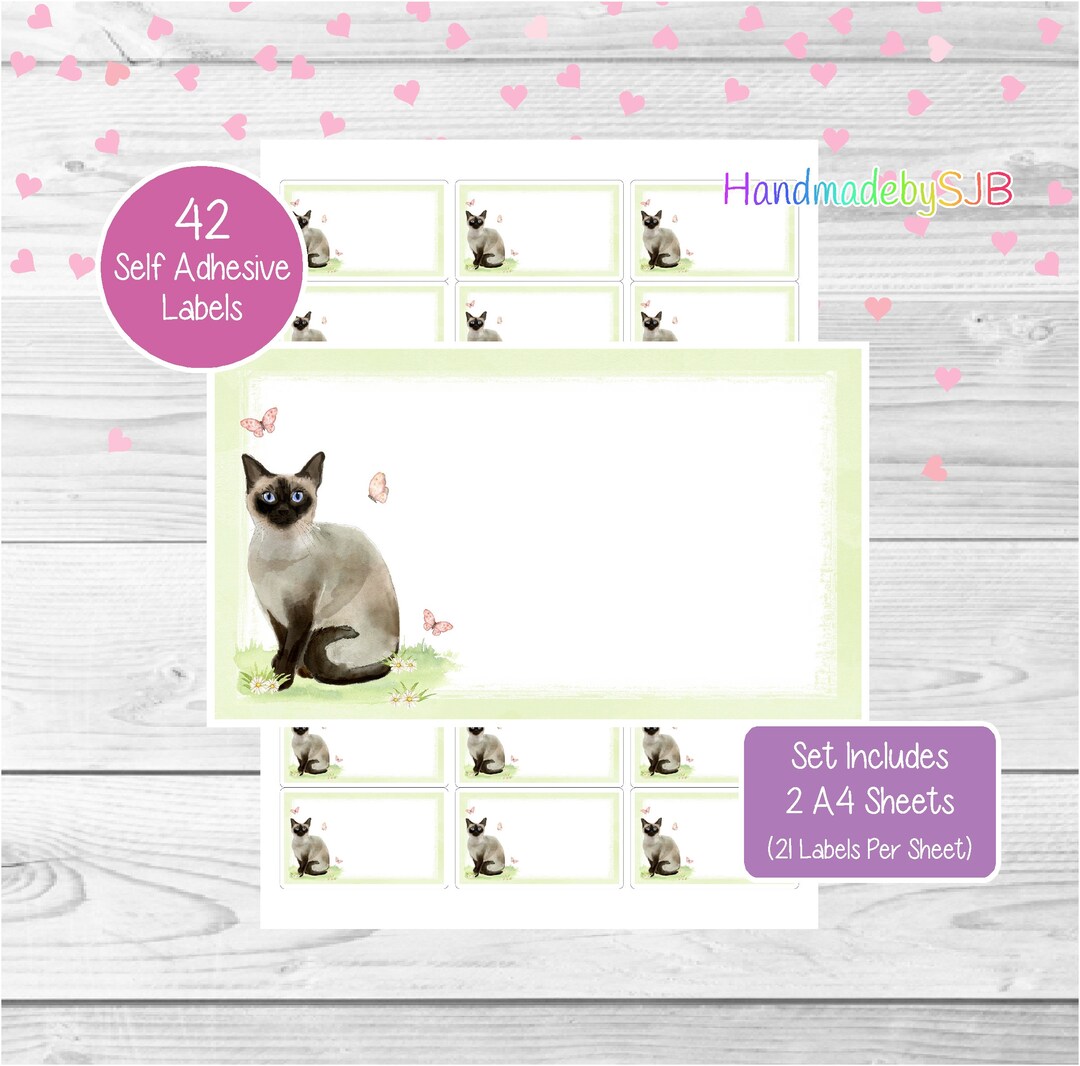 Siamese Cat Labels, 42 Blank Multi Purpose Stickers (2 A4 Sheets, 21 ...