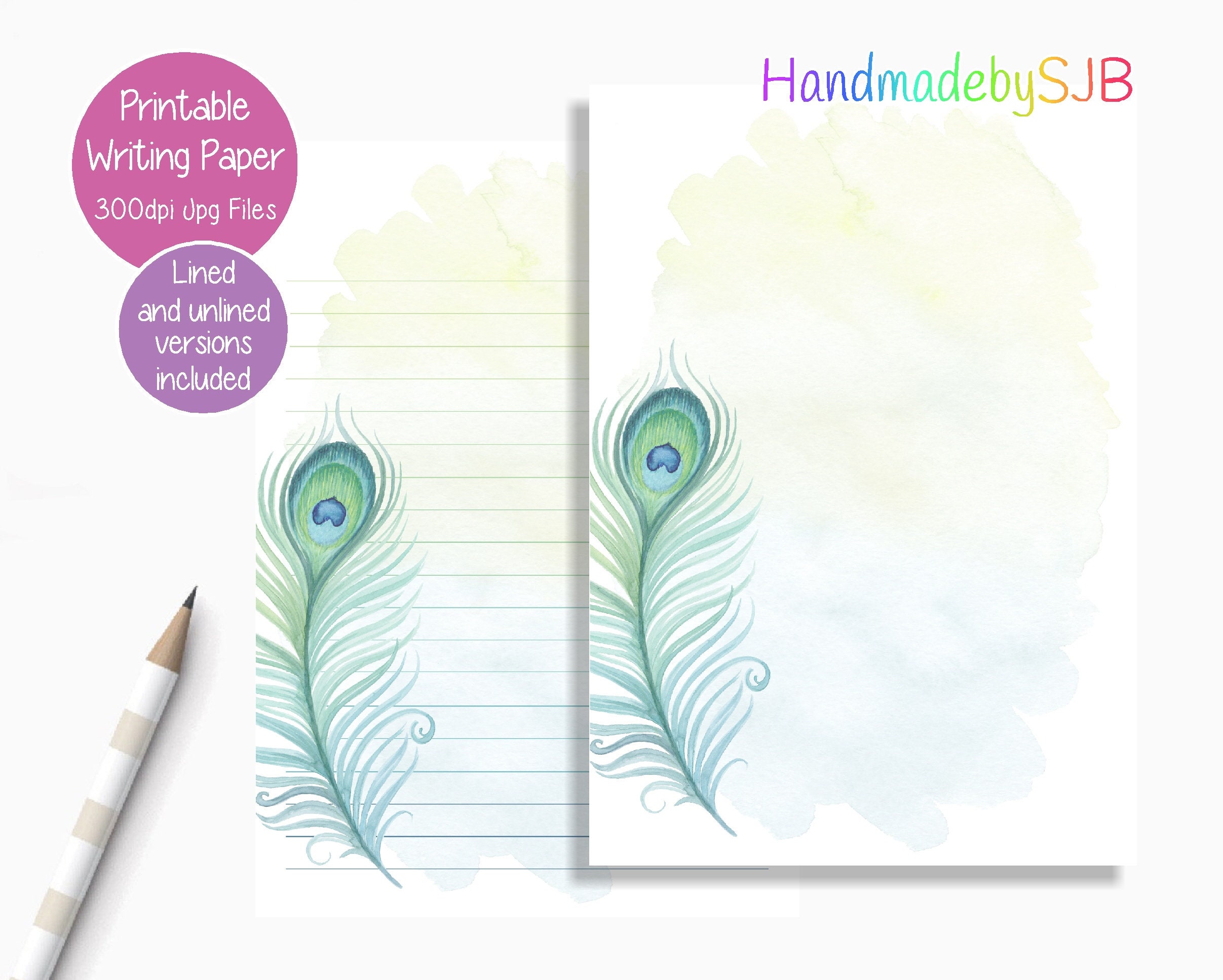 Peacock Feather Printable Writing Paper/digital Download Note | Etsy