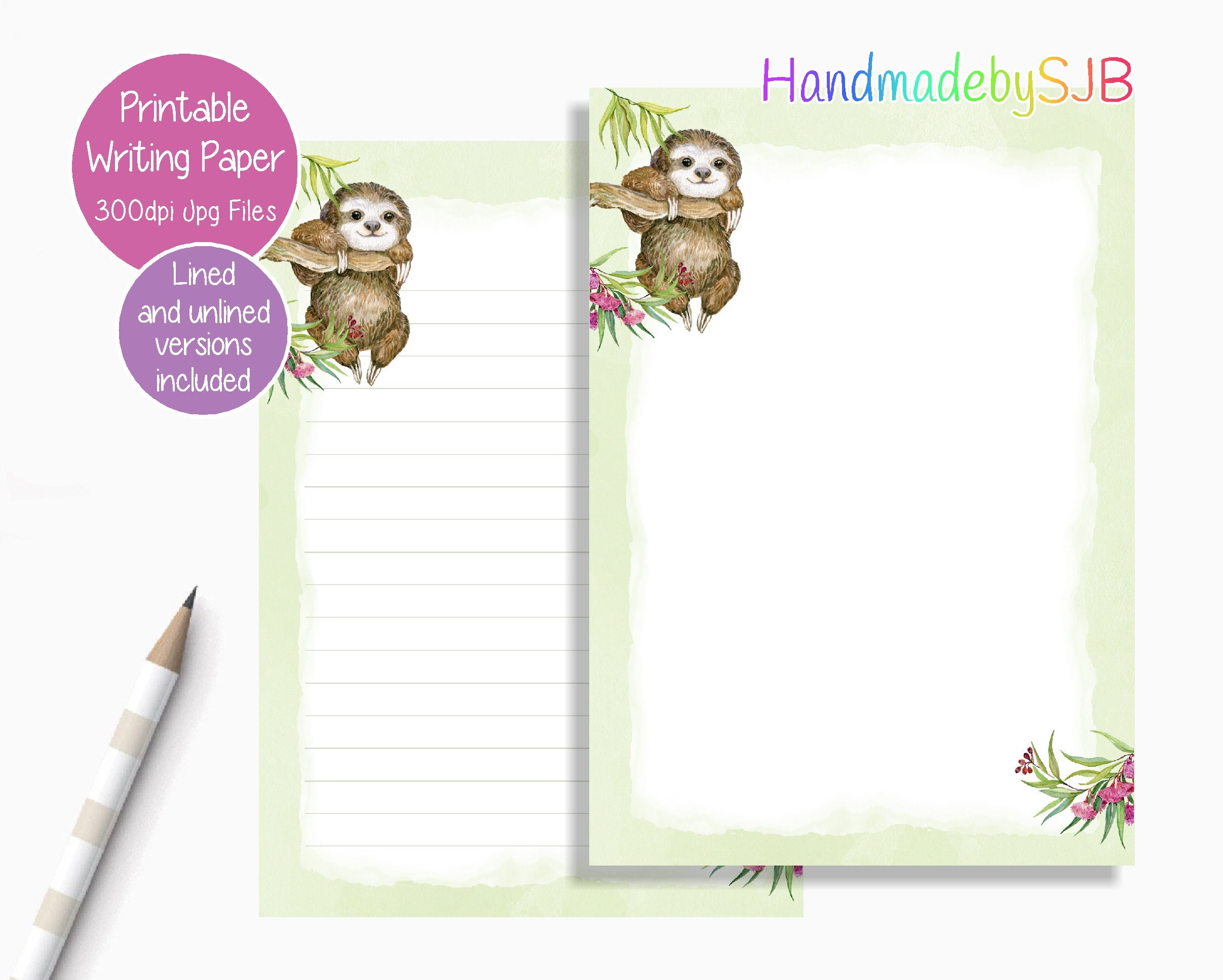 Sloth Printable Writing Paper/digital Download Note Paper/instant ...