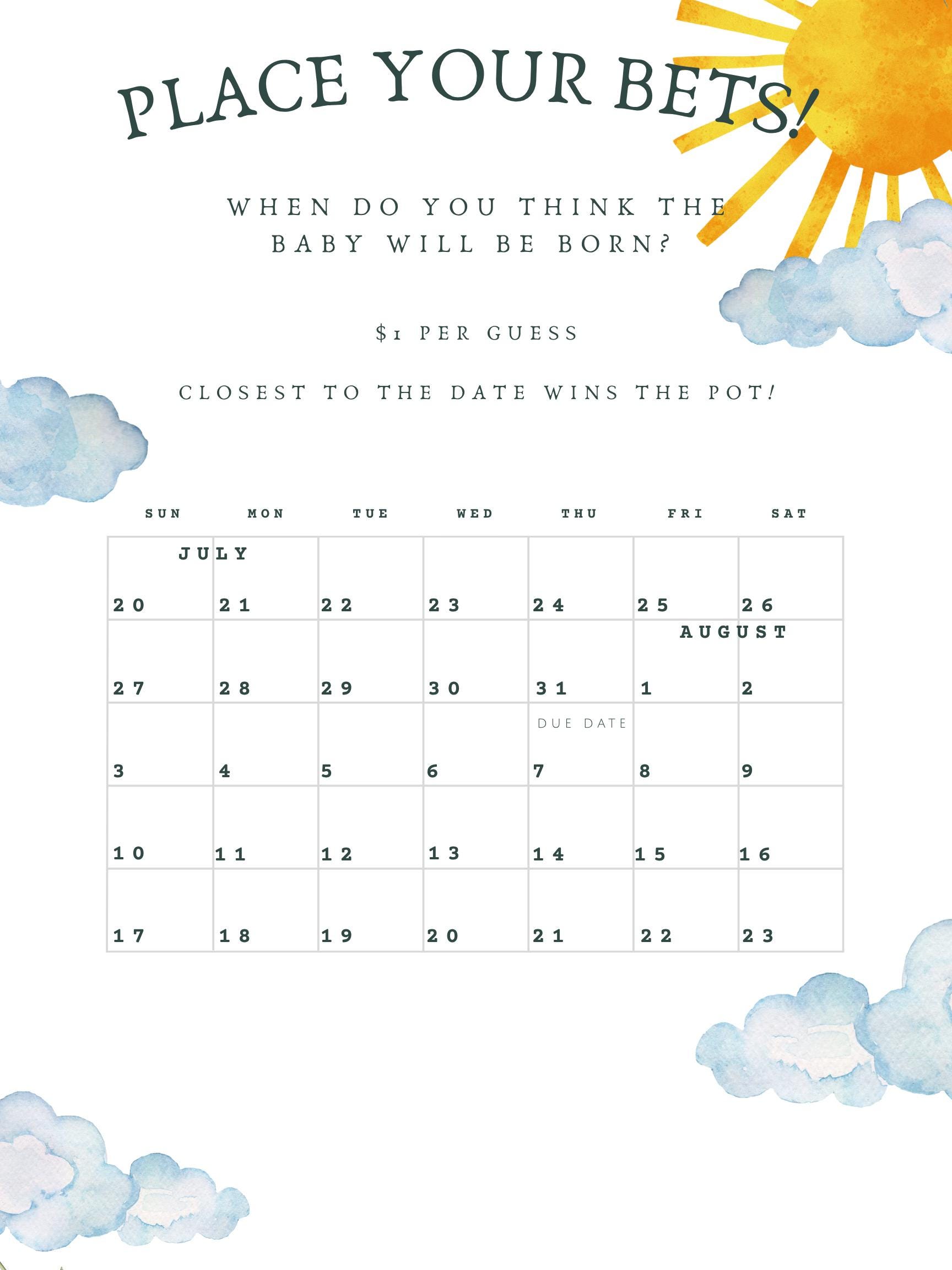 Birth Date Bet Board Template Sun Theme - Etsy