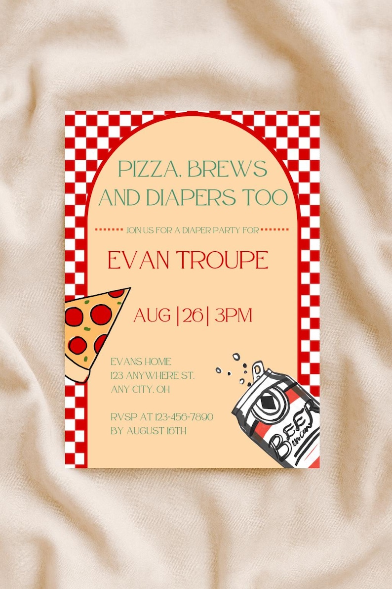 Pizza, Brews and Diapers Diaper Party Invitation - Etsy