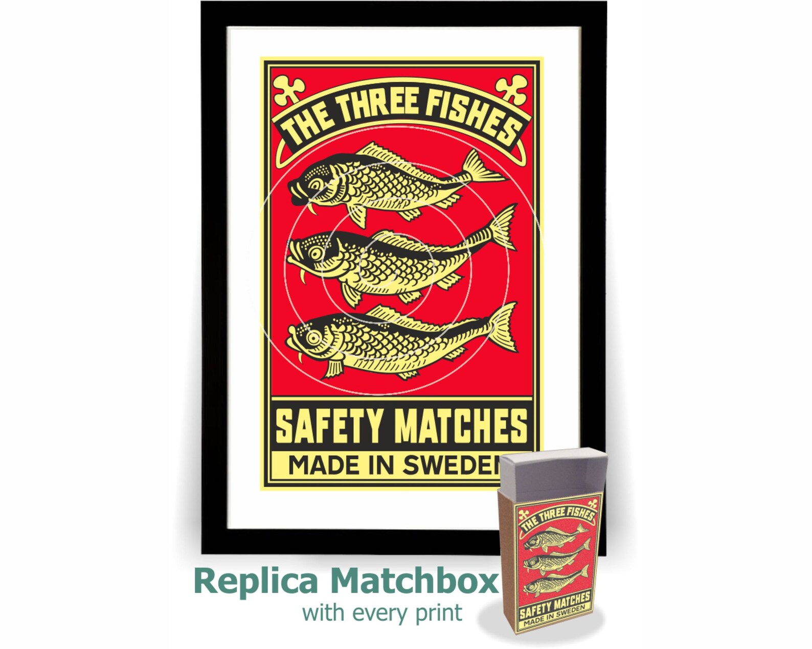 Three Fishes Swedish Matchbox Label Print + Replica Matchbox - Etsy