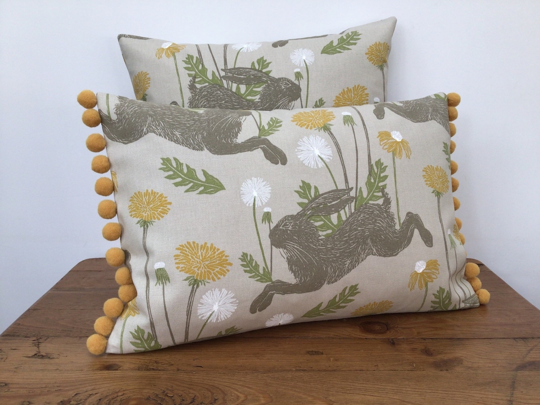 March Leaping Hare DOUBLE SIDED Cushion Cover Yellow Ochre Dandelion ...