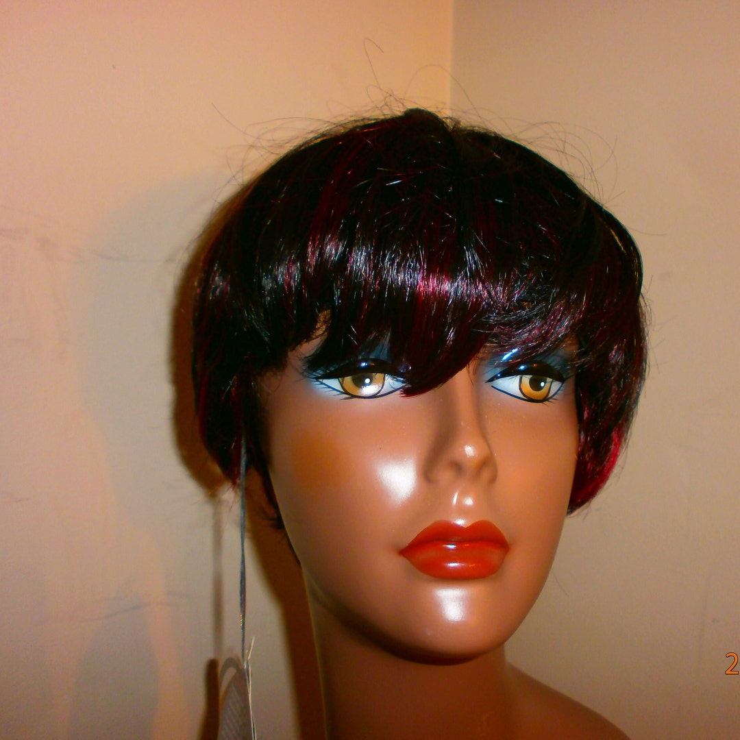 Short Burgundy Wig - Pixie Cut, Mixed Hot Red and Black, Unisex ...