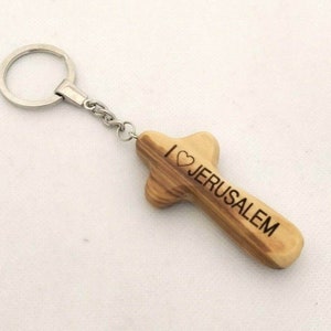 I Love Jerusalem Olive Wood Comfort Cross Key Chain, Blessings From ...