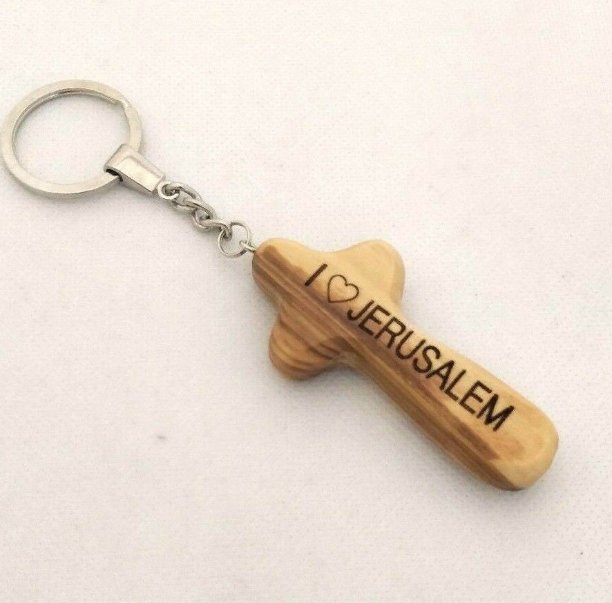 I Love Jerusalem Olive Wood Comfort Cross Key Chain Blessings | Etsy