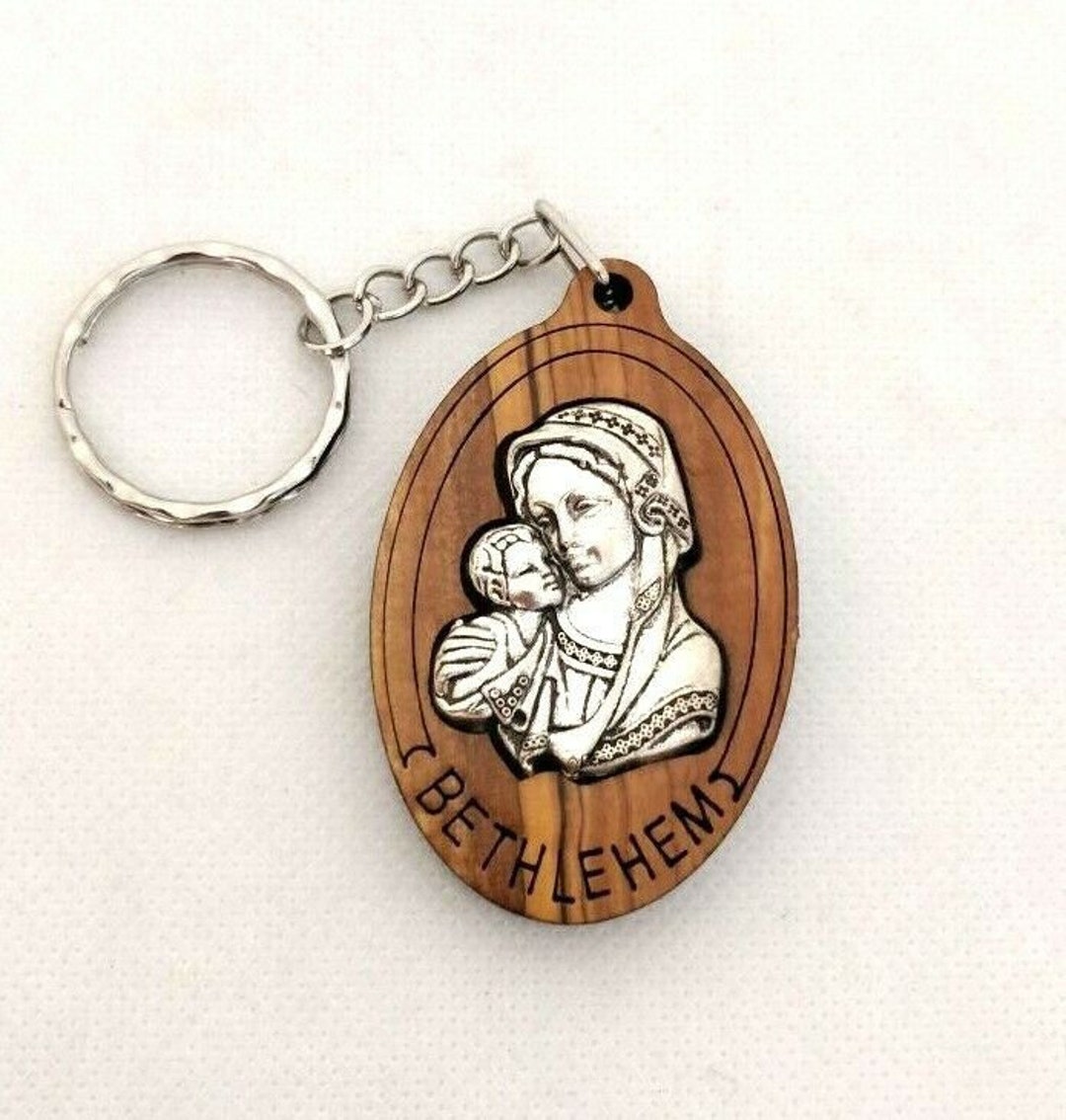Hand Made Olive Wood Mary & Baby Jesus Key Ring Made in - Etsy UK