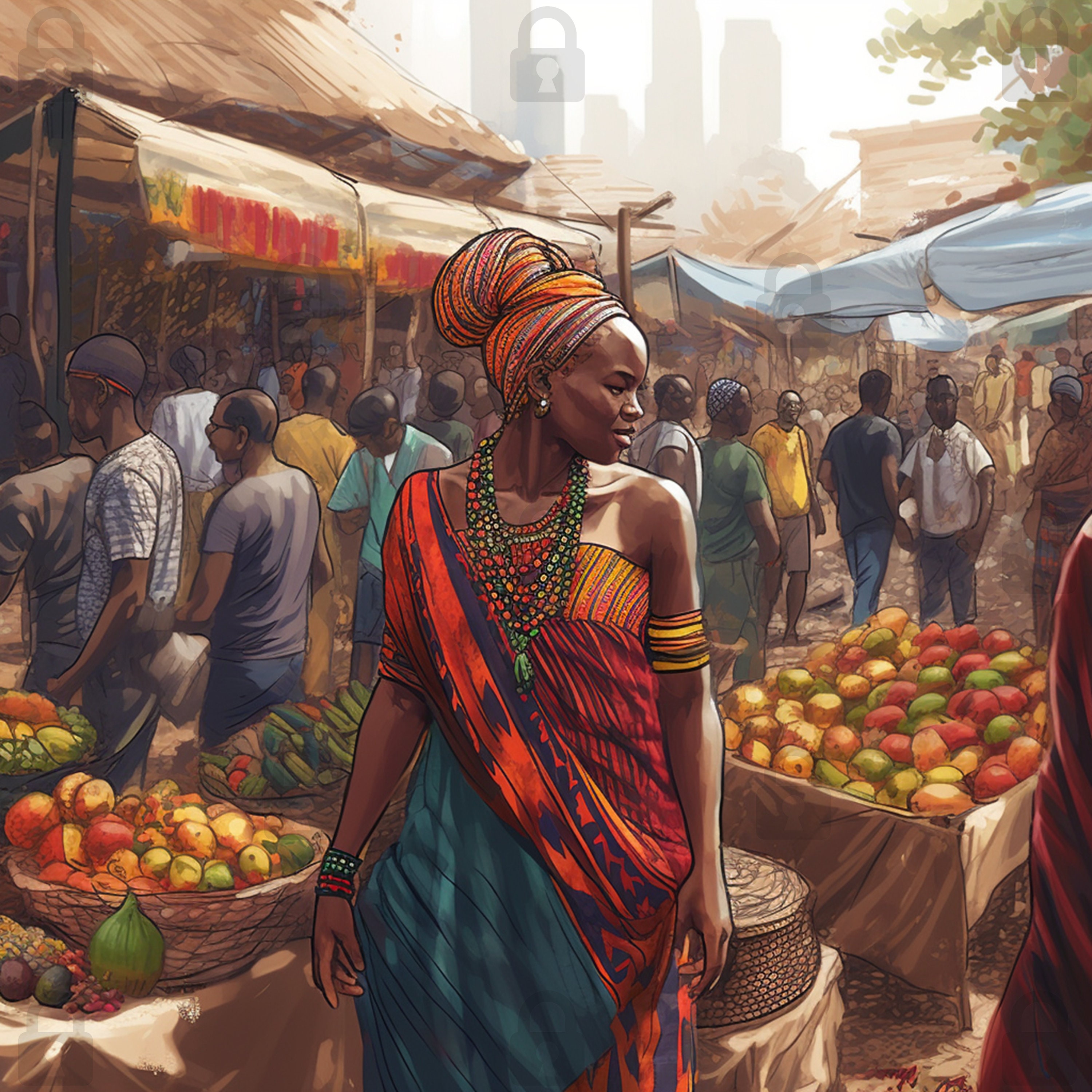 African Woman Africa Tribe Kente Watercolors Vendor African Lady Market ...