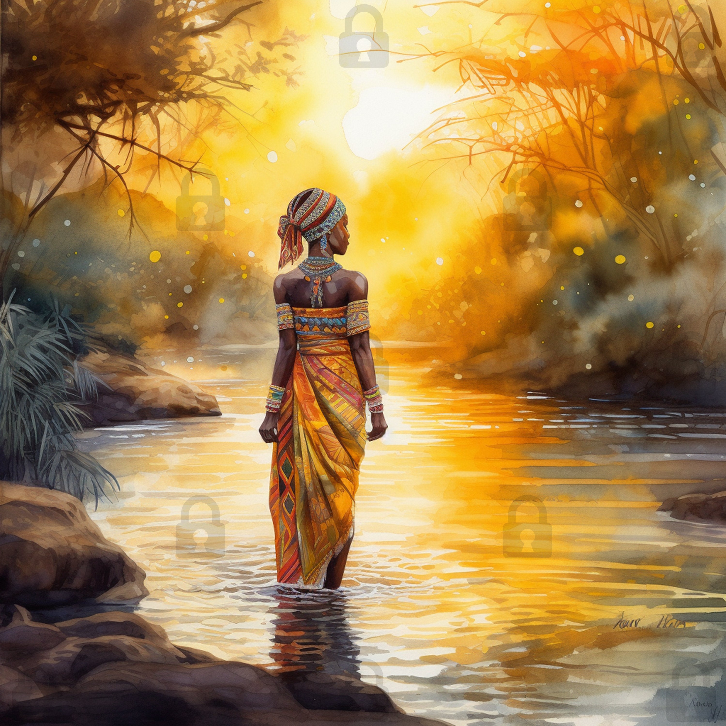 African Woman Africa Tribe Kente Watercolors Elegant African Lady ...