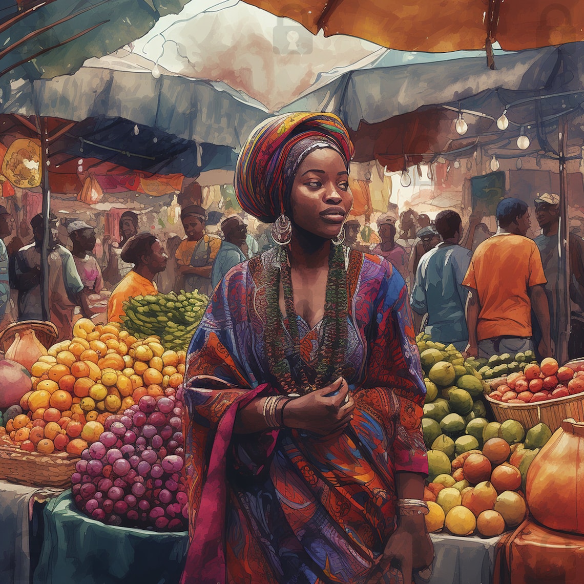 African Woman Africa Tribe Kente Watercolors Vendor African Lady Market ...