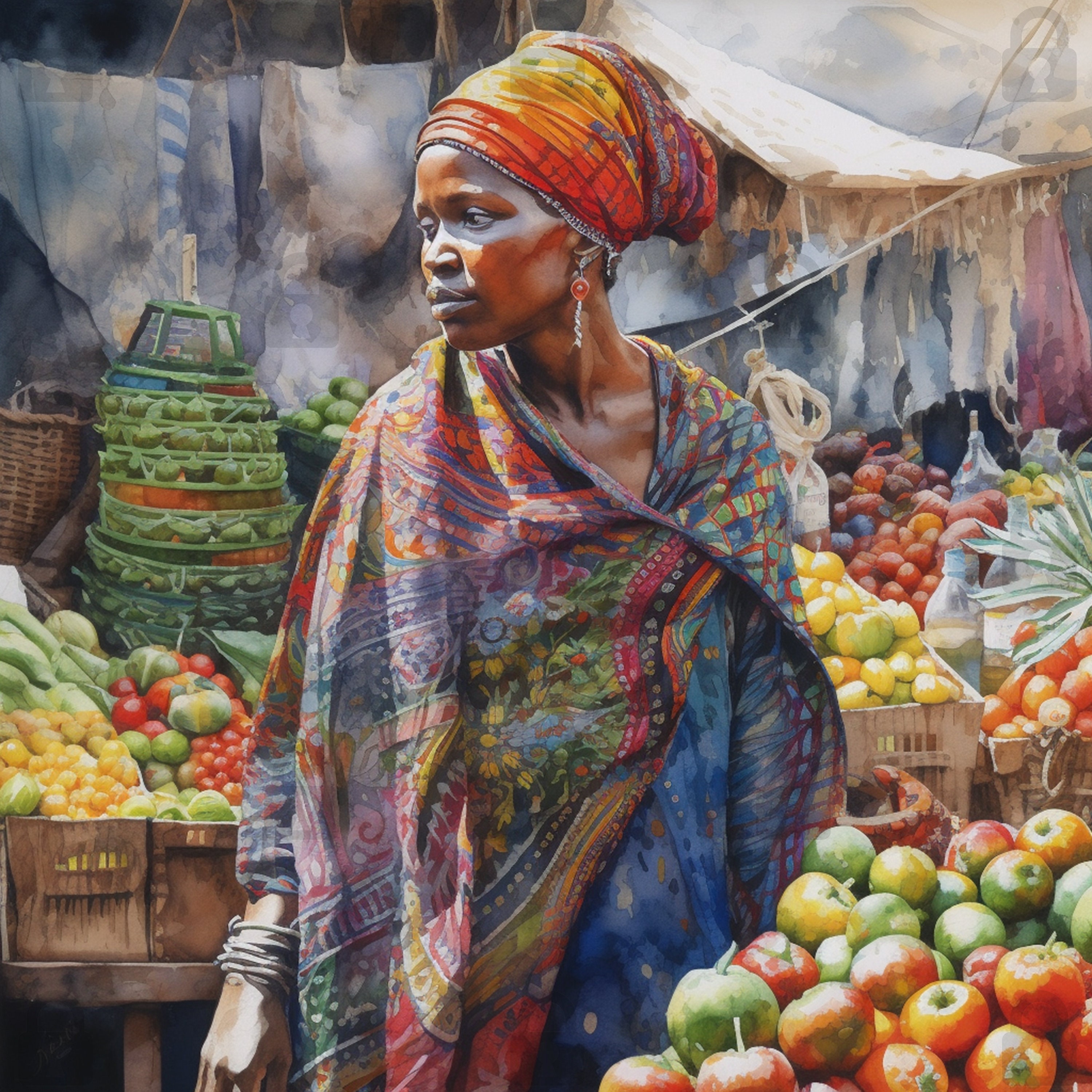 African Woman Africa Tribe Kente Watercolors Vendor African Lady Market ...