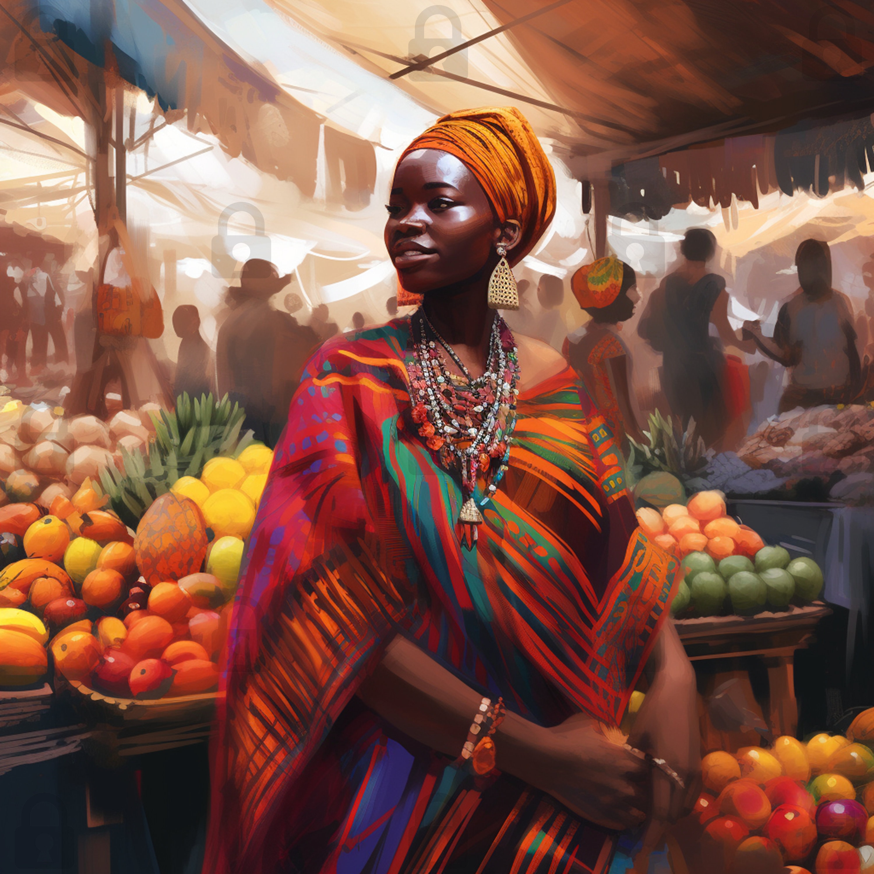 African Woman Africa Tribe Kente Watercolors Vendor African Lady Market ...