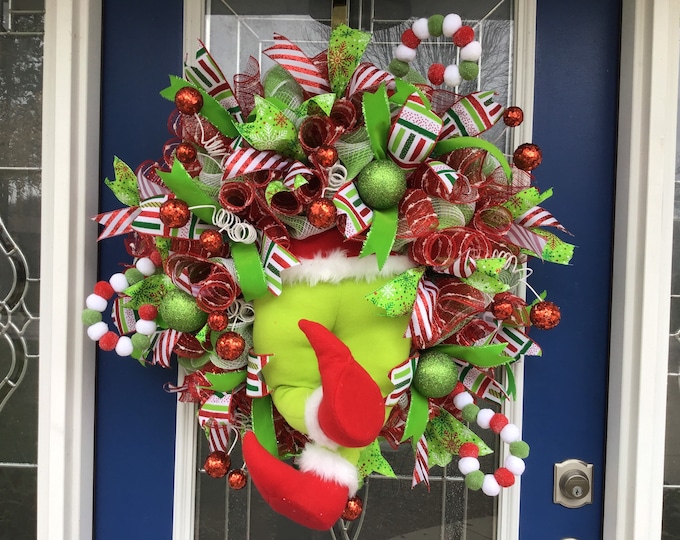 Grinch Wreath, Grinch Front Door Wreath, Grinch Decor, Christmas Decor ...