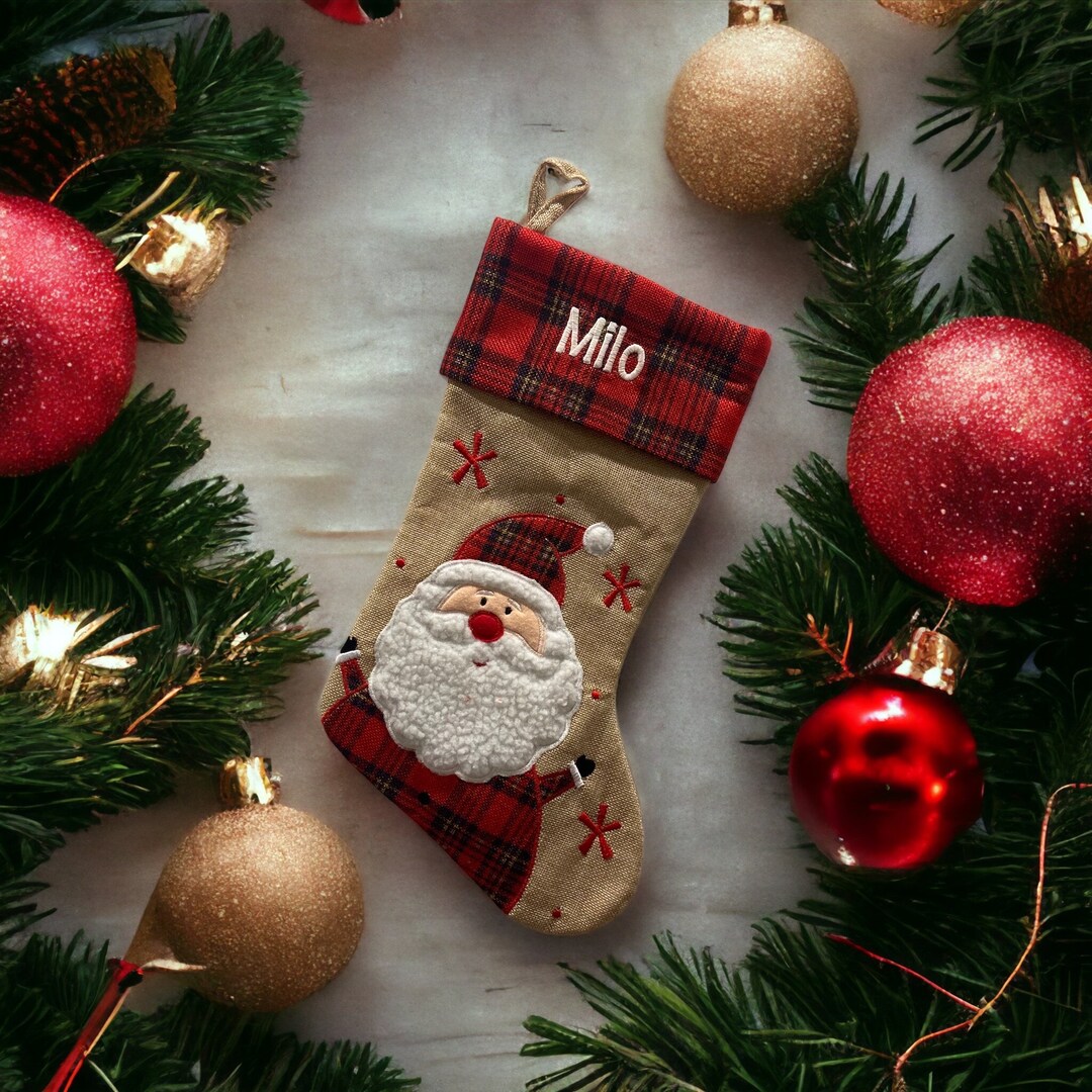 Santa Christmas Stocking Embroidered Stocking Farmhouse Christmas ...