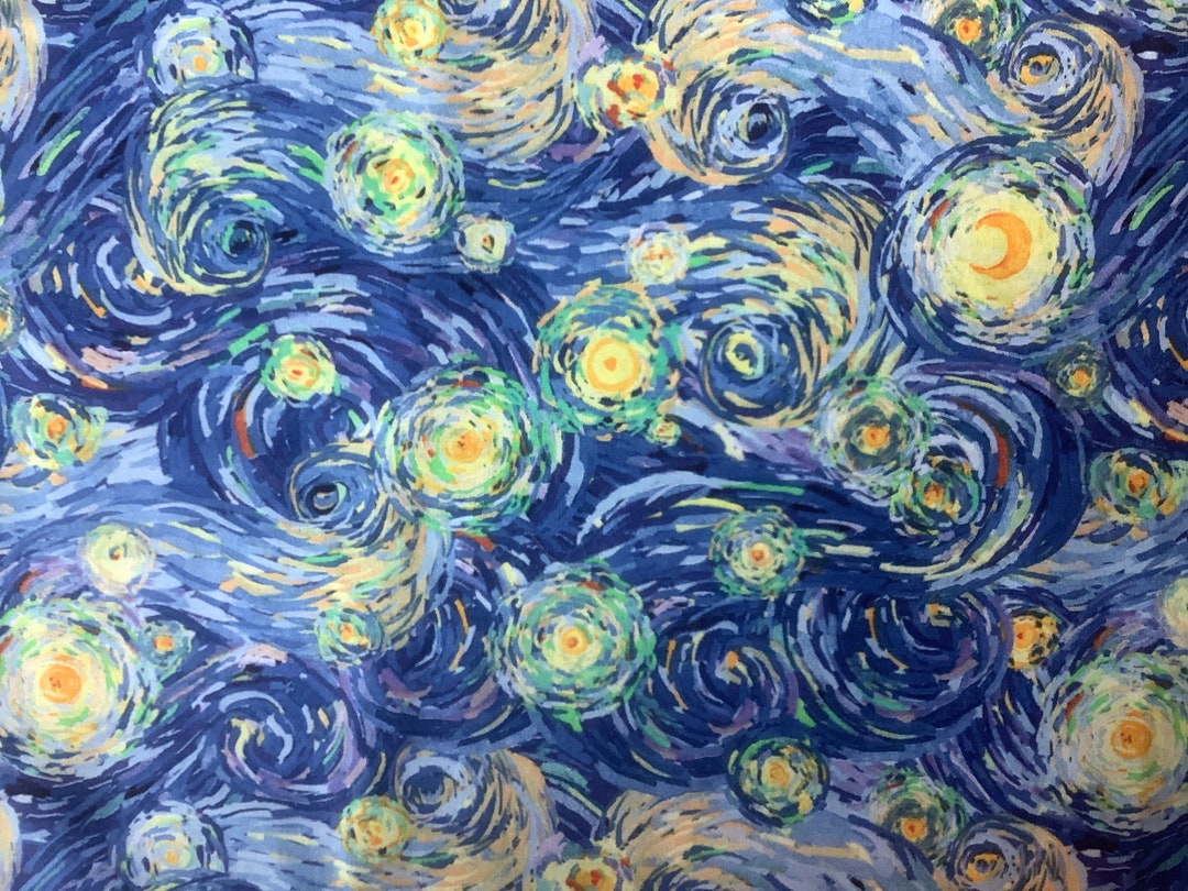 Starry Night Van Gogh Blue & Yellow Swirls Quilting Fabric 100% Cotton ...