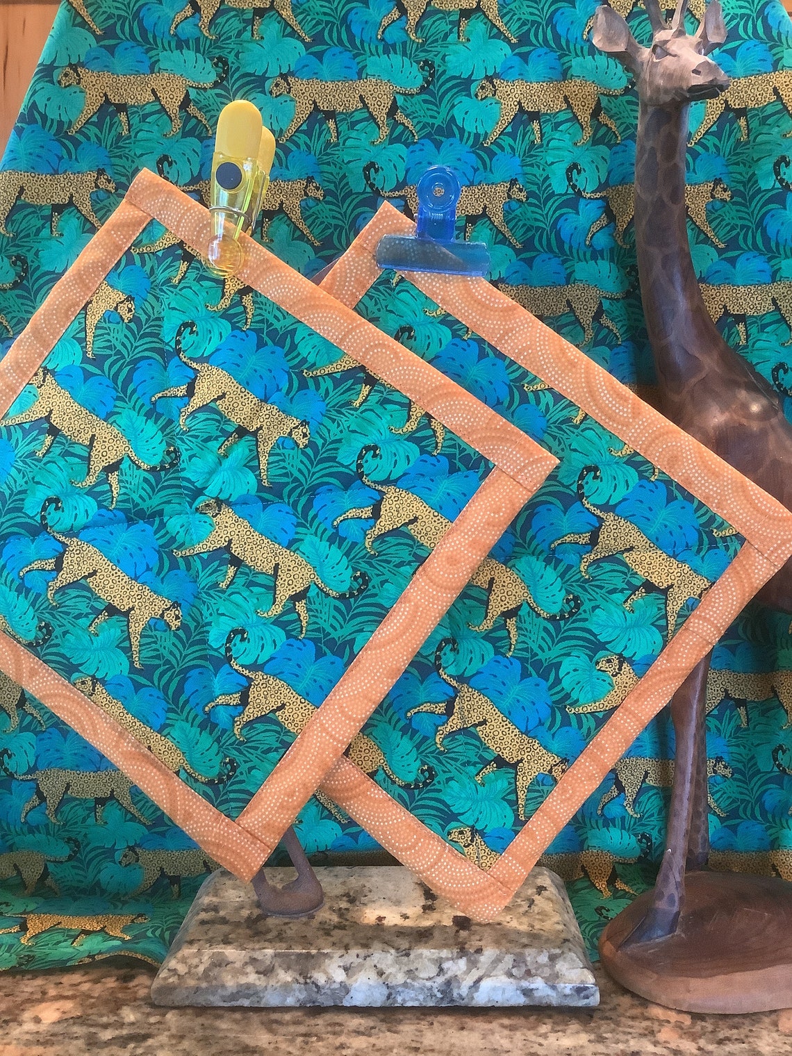 LEOPARDS in the Jungle Hot Pads Set of 2 Handmade Quilted Leopard Print ...