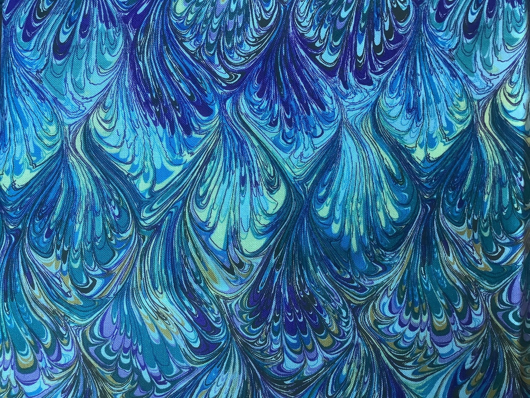 PEACOCK Feather Flurry Fabric Bird Plumes Blue, Turquoise, Aqua, Yellow ...