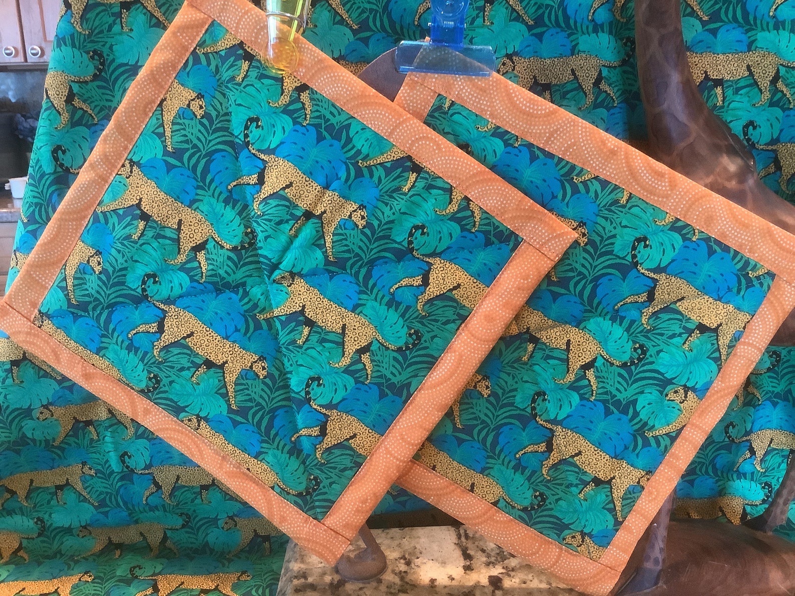 LEOPARDS in the Jungle Hot Pads Set of 2 Handmade Quilted Leopard Print ...