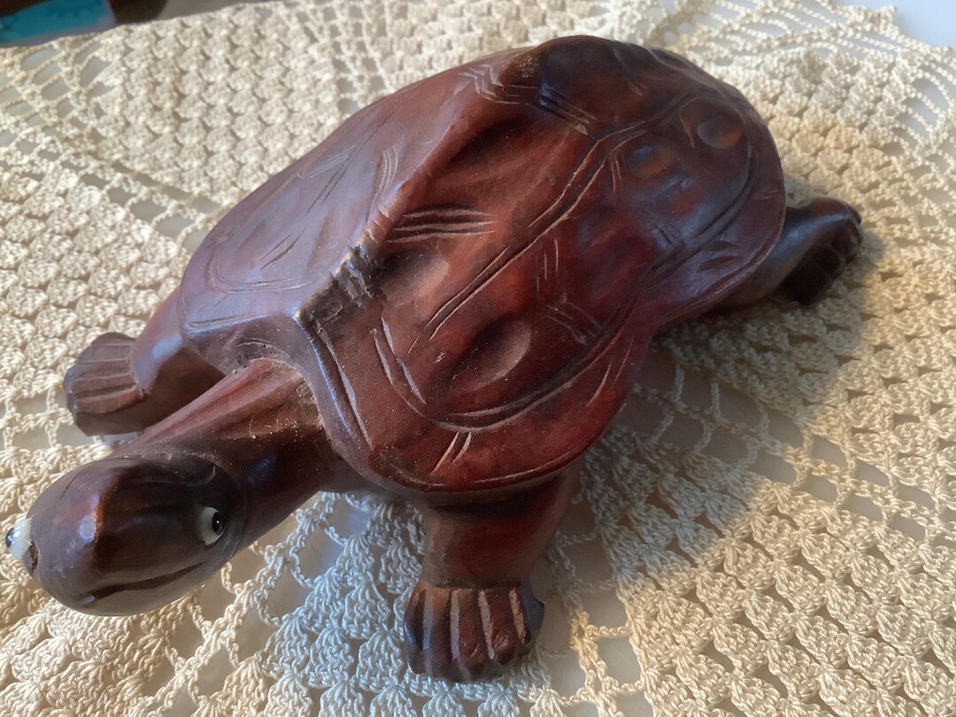Vintage Chinese Hand Carved Wood Turtle Tortoise Figurine With Glass ...