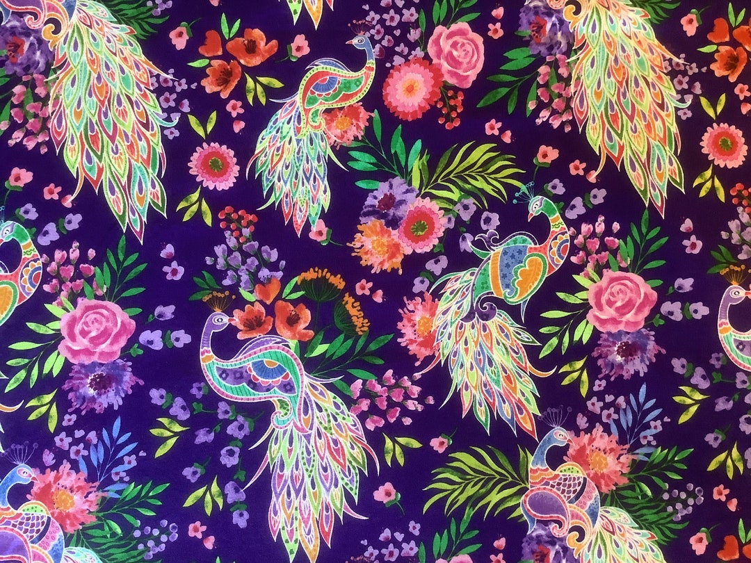 PEACOCK Pattern Fabric, Peacocks on Purple, Satin Moon for Blank ...