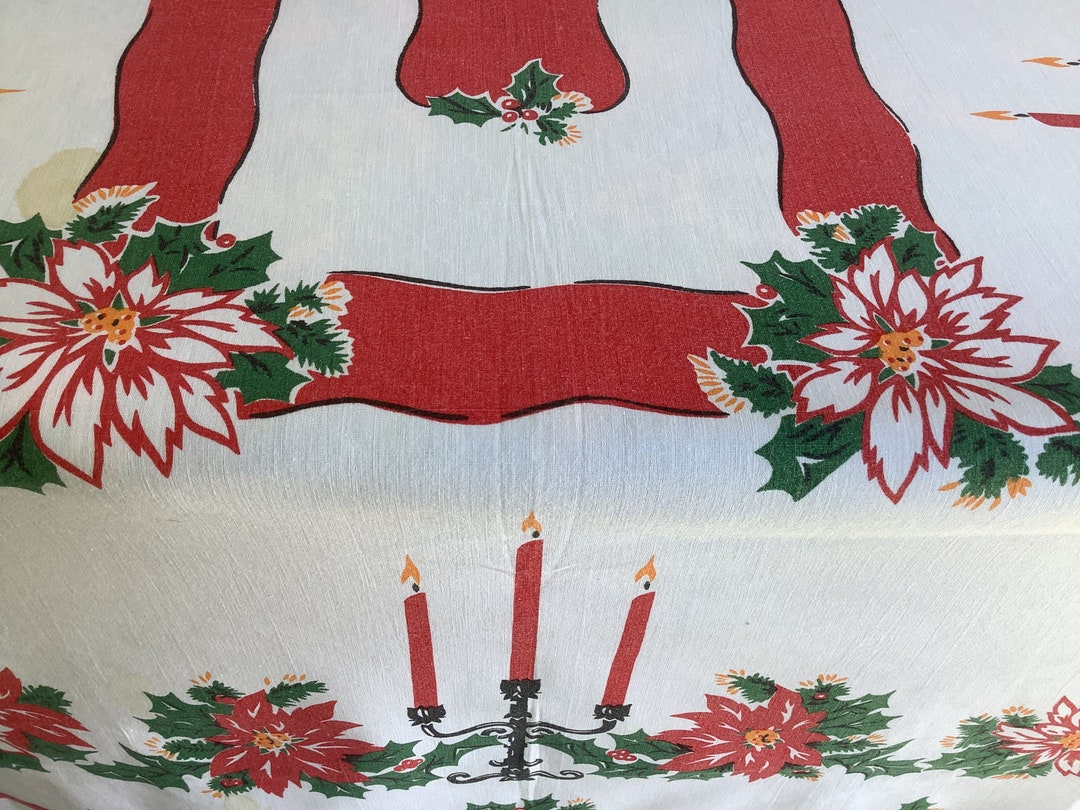 Vintage Mid Century Christmas Tablecloth Poinsettias and Candles on ...