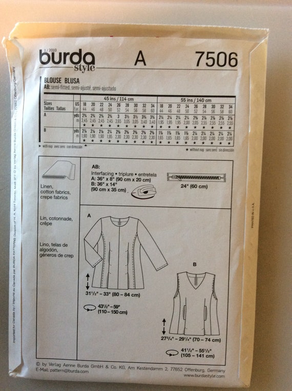 Burda Uncut Top Pattern 7506 Sizes 18-20-22-24-26-28-30-32-34 Patterns ...