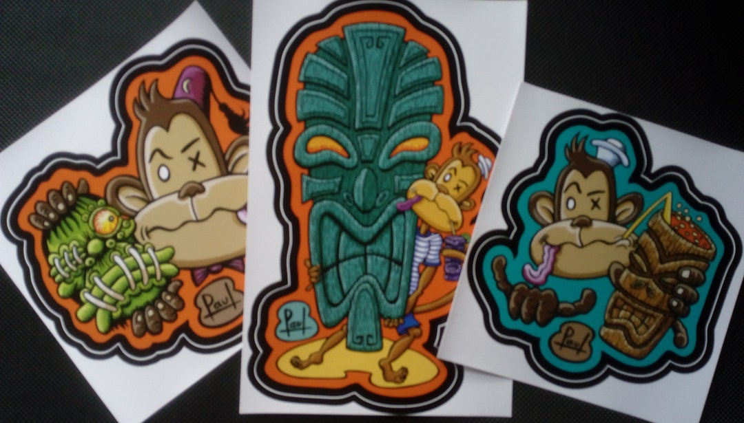 Set of Three Vinyl Stickers - Orange Monkey / Tiki & Monkey / Blue ...