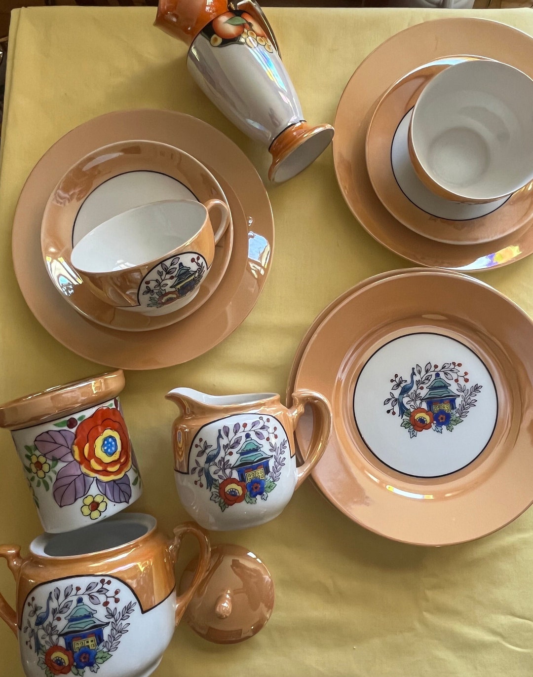 Free Ship! Japanese Vintage Lusterware Peach/white China Set for ...