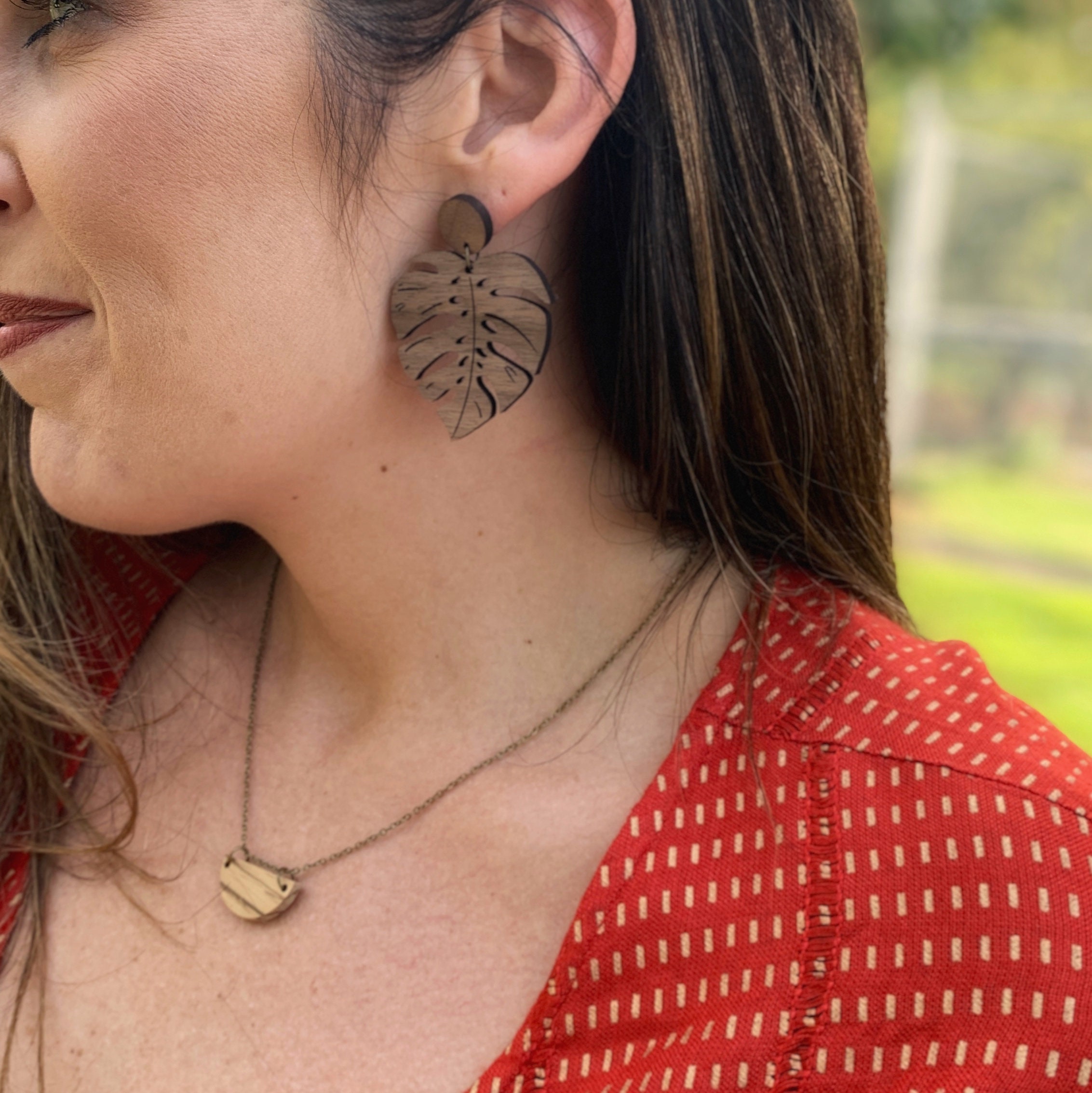 Walnut Wood Monstera Leaf Dangle Stud Earrings Lightweight | Etsy