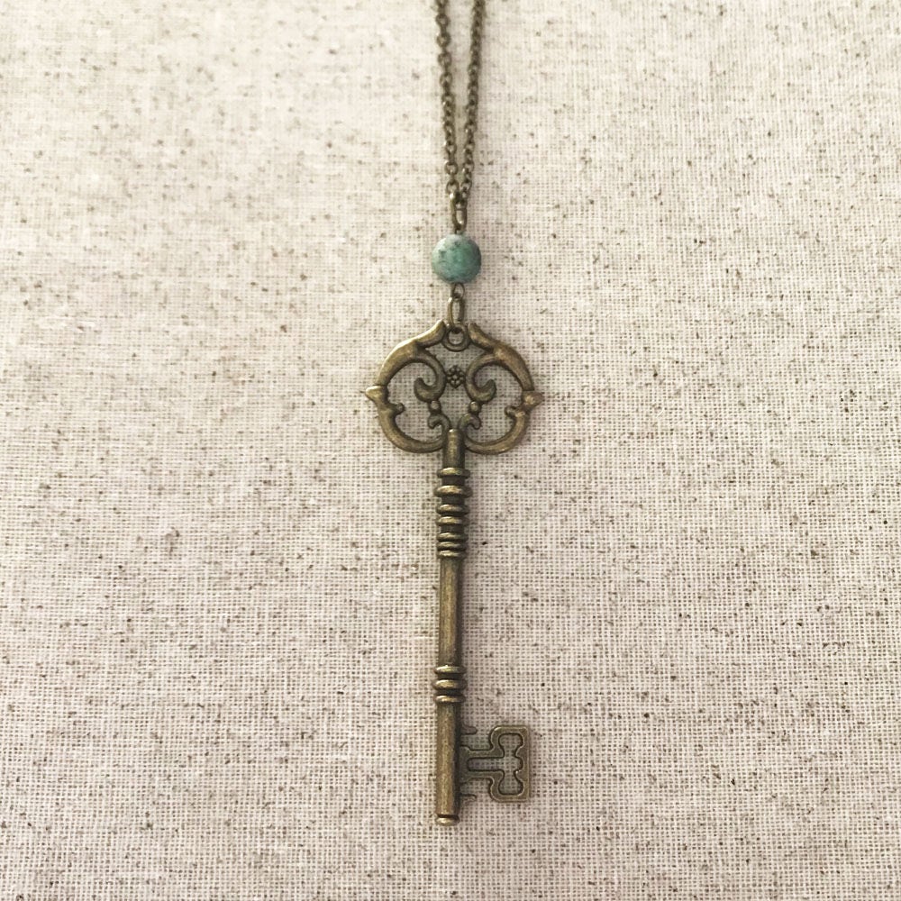 Key Antique Necklace With African Matte Stone Bead | Etsy