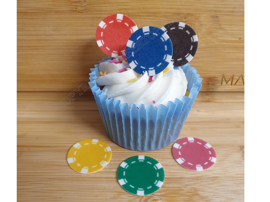 24 Edible Poker Chip Casino Tokens Wafer Cupcake Toppers Precut With ...