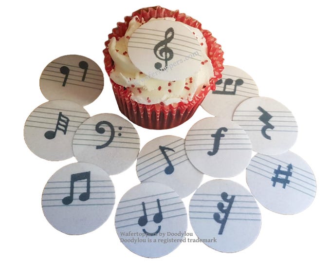 24 Edible Music Note Cupcake Toppers Black Wafer Musical Notes for Cake ...