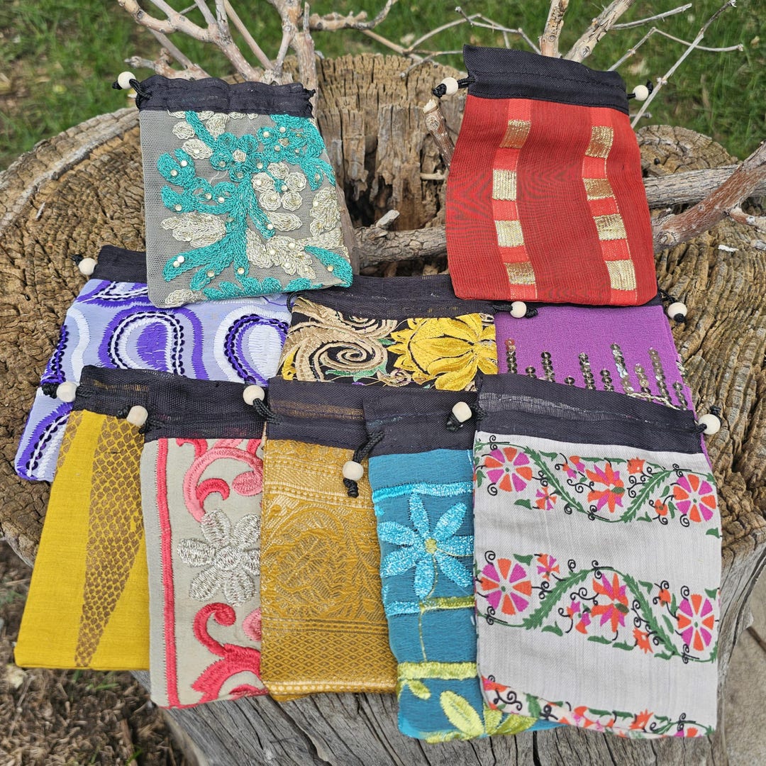 Tibetan Handmade Drawstring Crystal Pouch 5"x3.75" | Gemstone Gift Bag ...