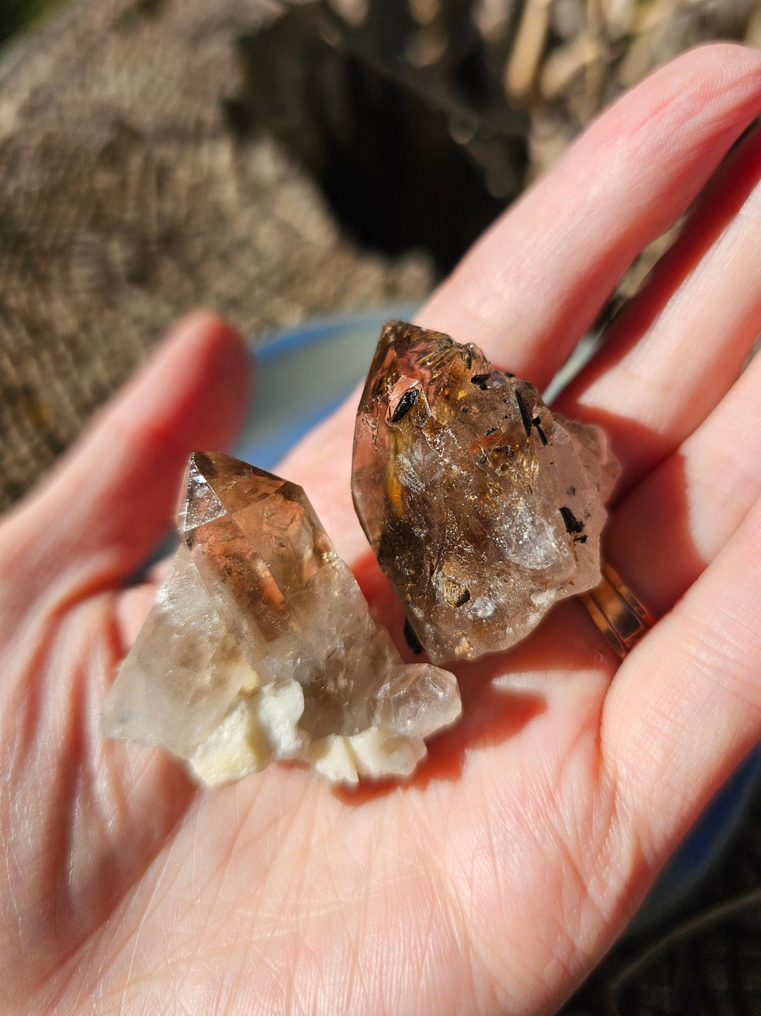 2 Golden Light Smoky Quartz Set With Aegirine + Rainbow Malawi/etched ...