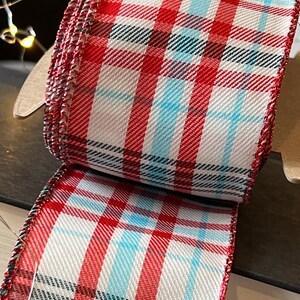 8 Yards Baby Blue and Red Tartan Plaid Wired Christmas Ribbon - 2 1/2 ...