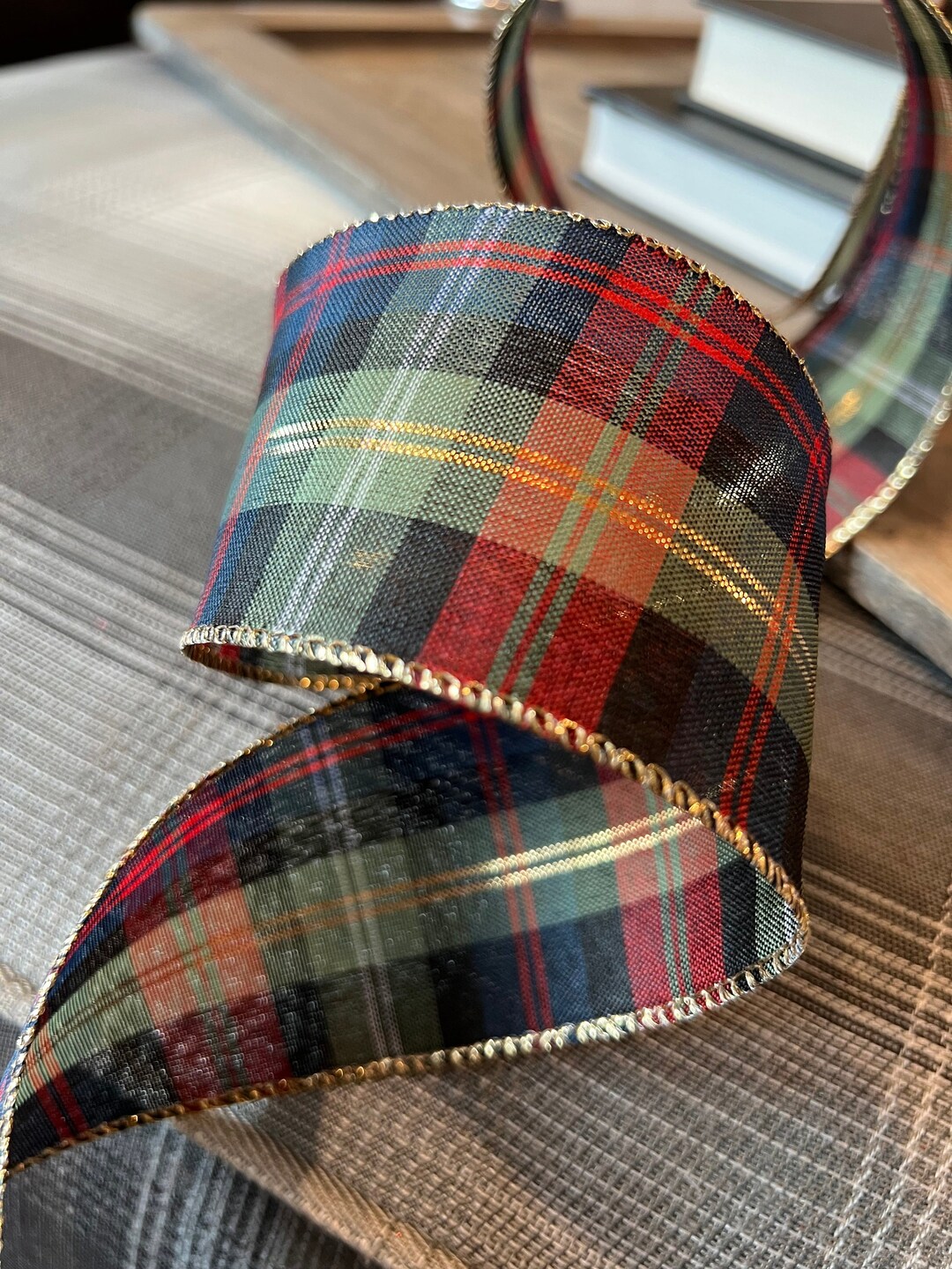 Navy Blue and Sage Green Plaid Wired Christmas Ribbon - 2 1/2" X 8 ...