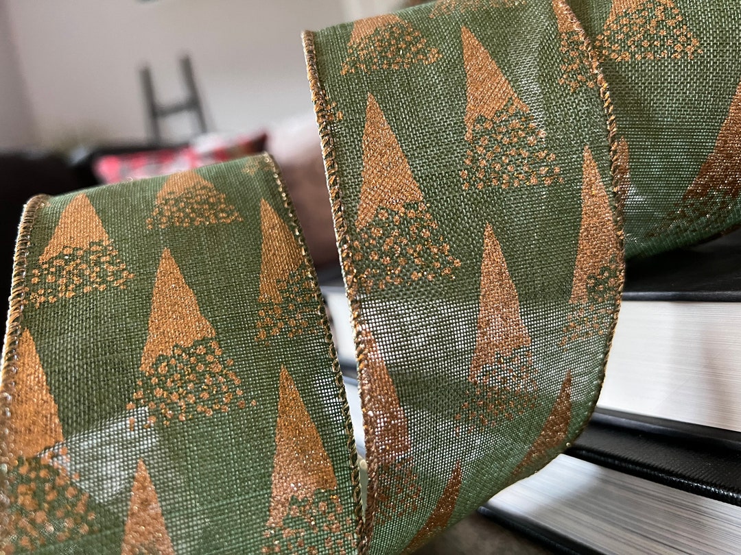 8 Yards Sage Green Wired Christmas Ribbon - Gold Trees on Sage Green ...