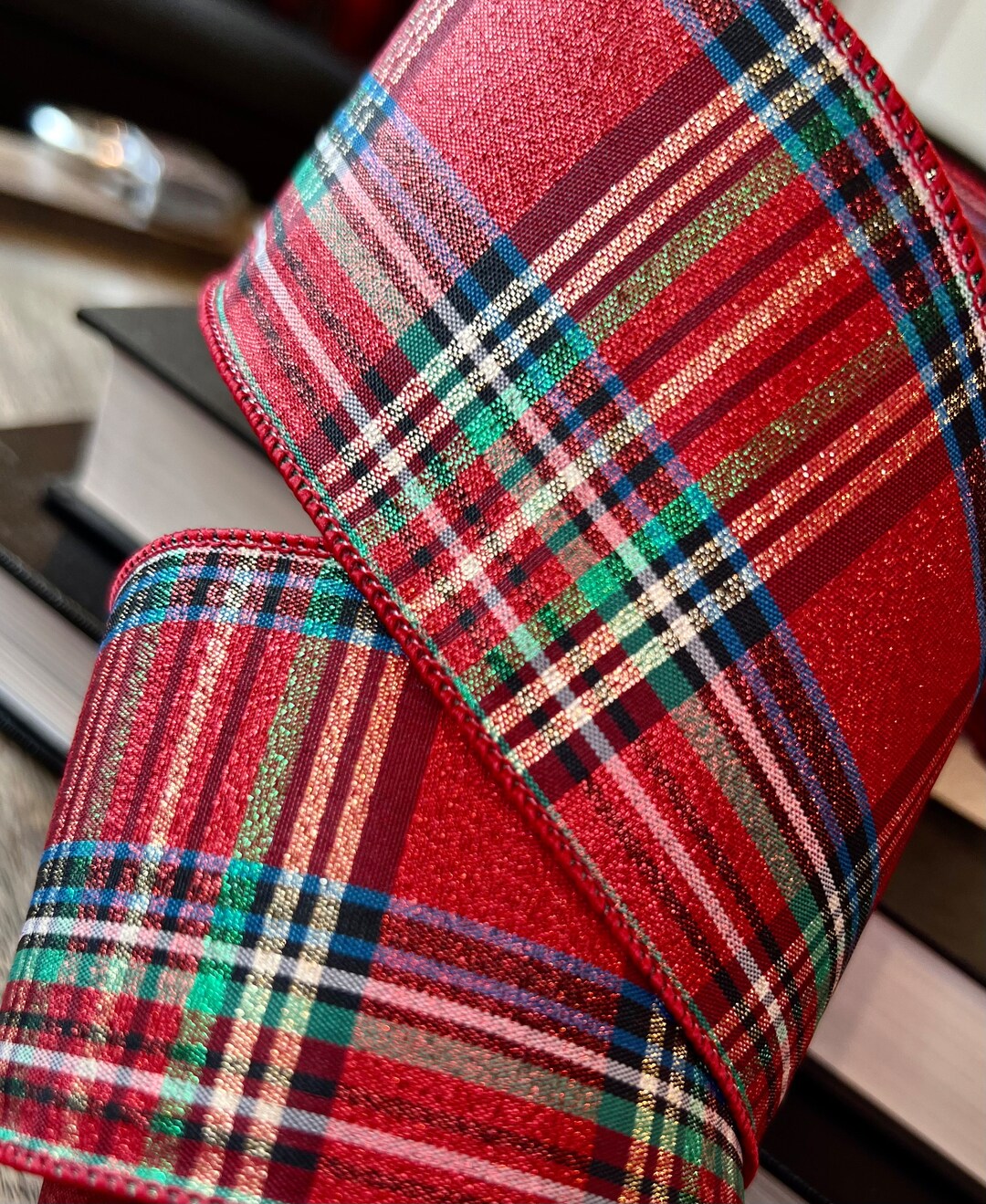 8 Yards Shimmer Tartan Plaid Wired Christmas Ribbon Red, Blue, Green ...
