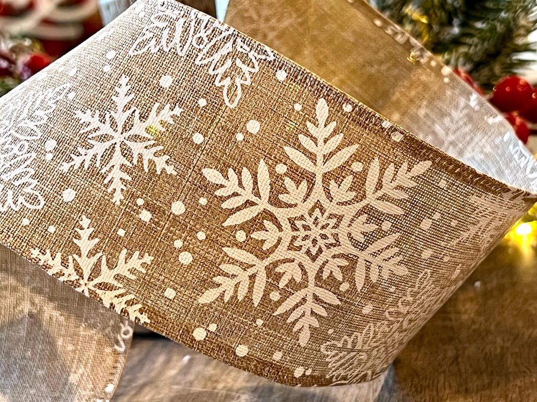 8 Yard Snowflake Tan Burlap Feel Wired Christmas Ribbon White ...