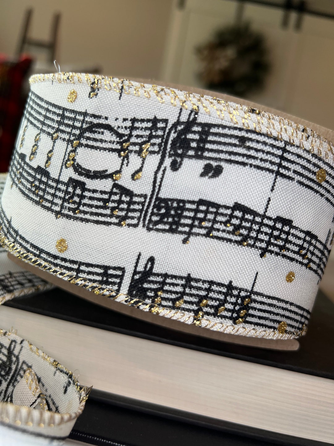 8 Yards Musical Wired Christmas Ribbon - Black and Gold Music Ribbon ...